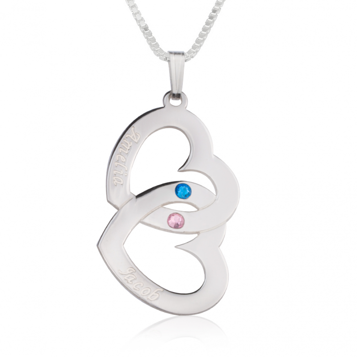 Sterling Silver Two Hearts Swarovski Crystal with Two Names - Buy Now!