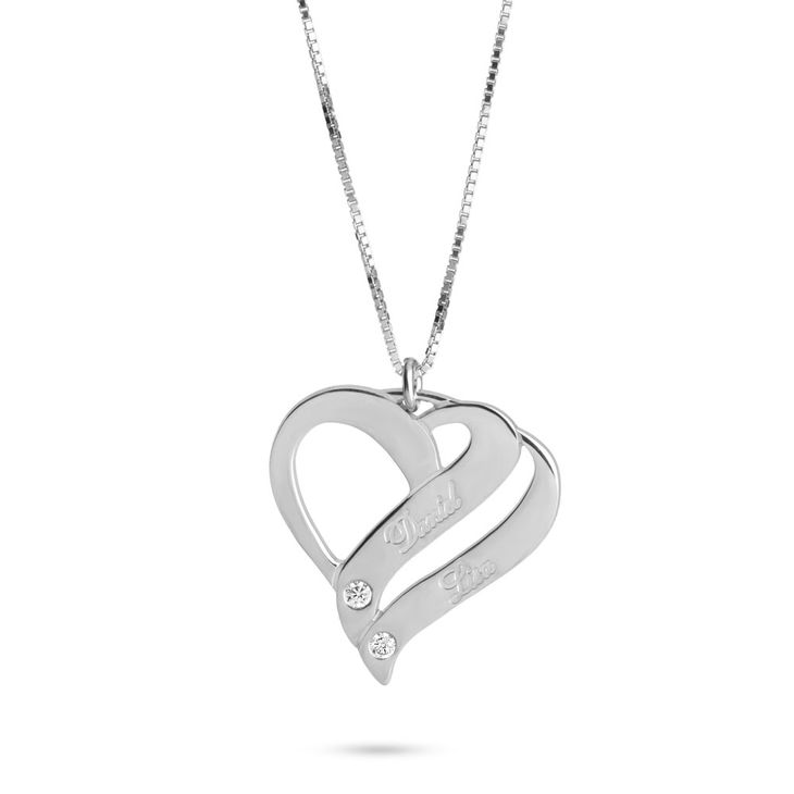Custom Engraved Heart Necklace with Two Names and Diamond Accents